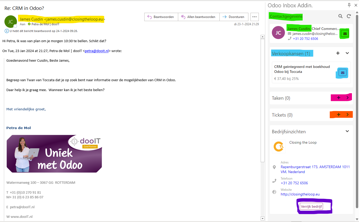 MS Outlook gekoppeld aan Odoo | eserviceware